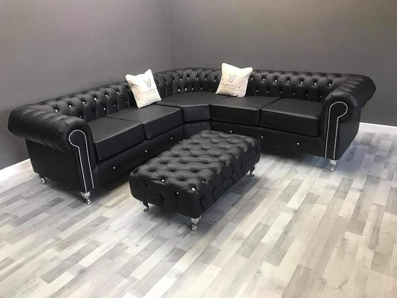 Round Chesterfield 5 Seater Corner Couch Black L Shape Leather Sofa ...